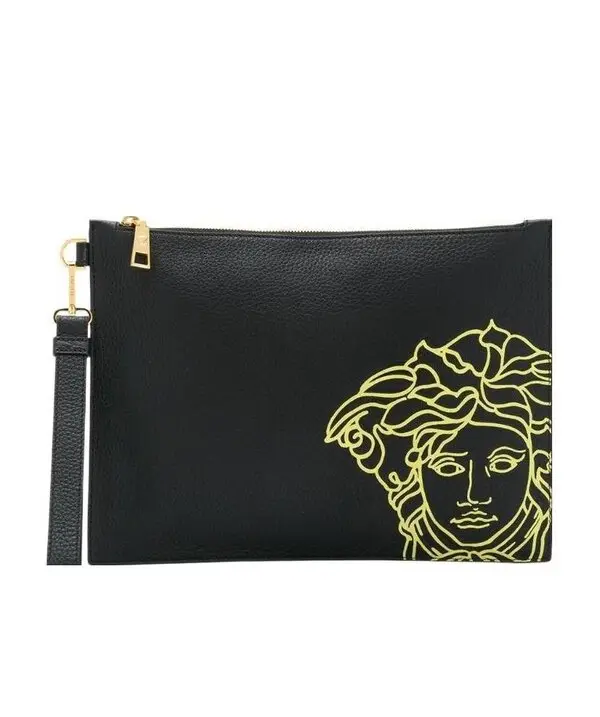 Versace Medusa Embroidered Leather Clutch Bag - Black