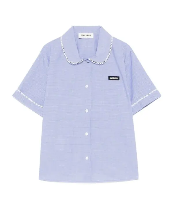 Miu Miu Short-sleeved Checked Shirt With Logo Detail - Blue