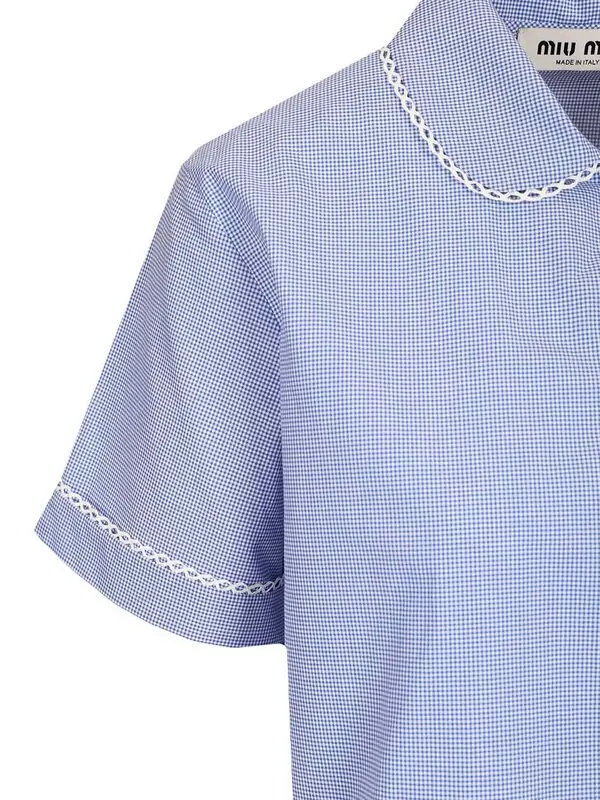 Miu Miu Short-sleeved Checked Shirt With Logo Detail - Blue