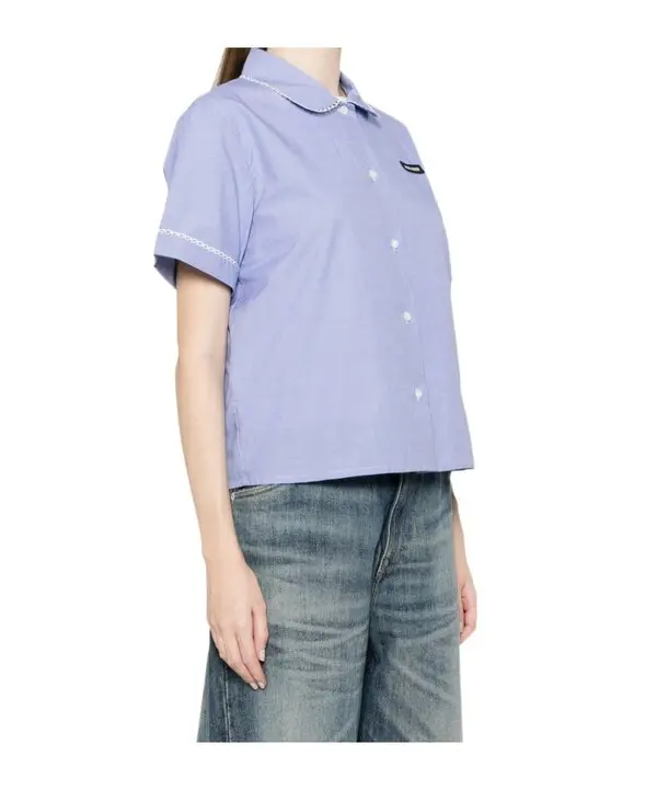 Miu Miu Short-sleeved Checked Shirt With Logo Detail - Blue
