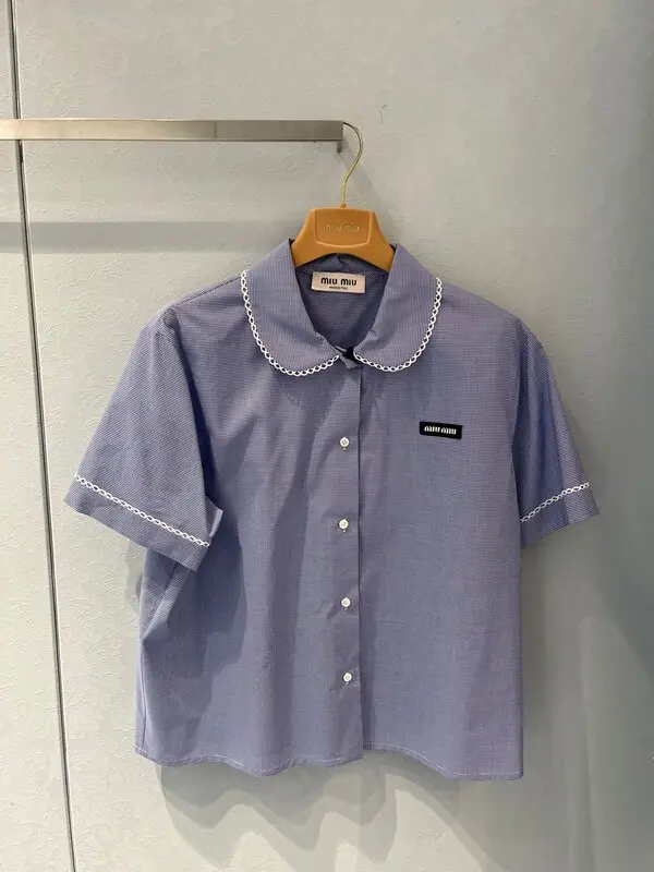 Miu Miu Short-sleeved Checked Shirt With Logo Detail - Blue