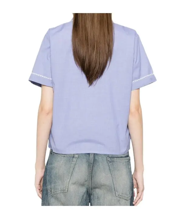 Miu Miu Short-sleeved Checked Shirt With Logo Detail - Blue