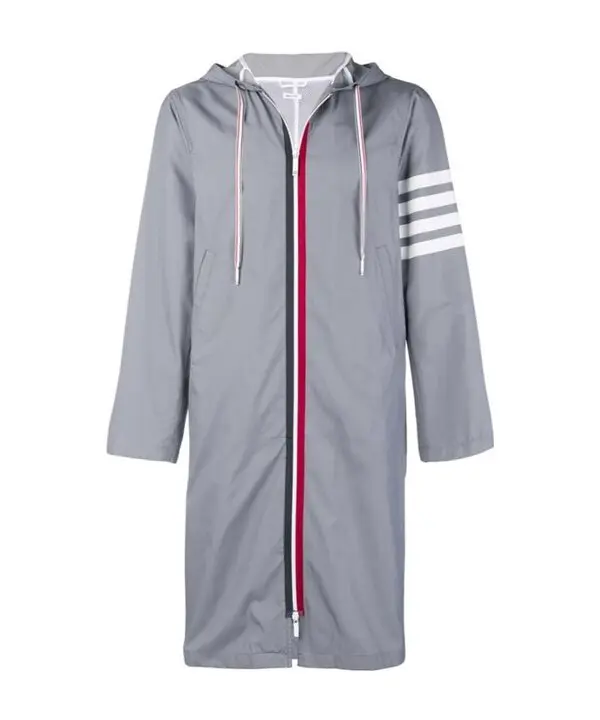 Thom Browne Striped Hooded Long Windbreaker - Medium Gray