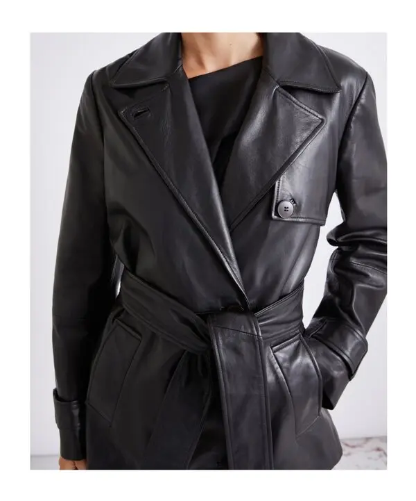 Marella Leather Trench Coat With Belt And Notched Lapels