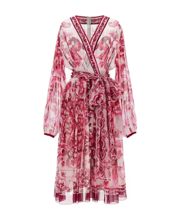 Dolce & Gabbana Graphic-printed Long Sleeve V-neck Belted Dress