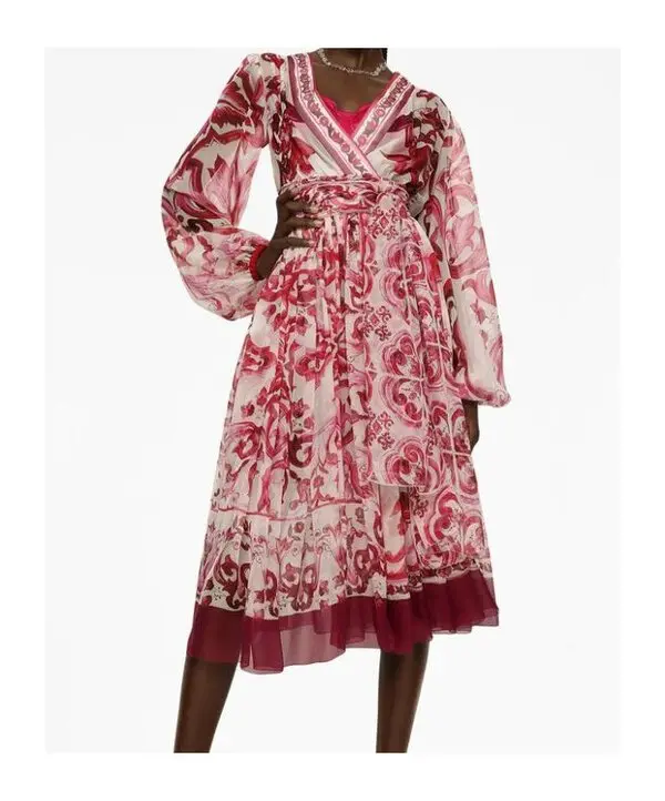 Dolce & Gabbana Graphic-printed Long Sleeve V-neck Belted Dress