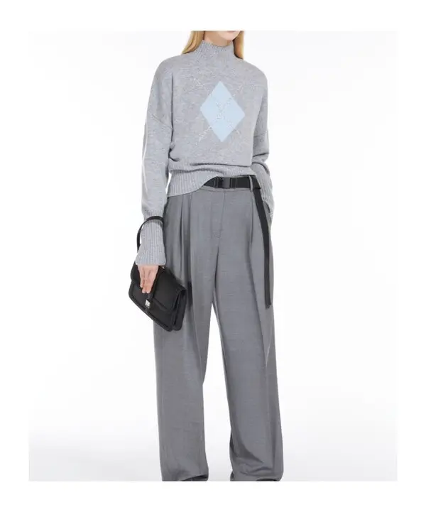 Max Mara High Neck Long Sleeve Jumper With Diamond Inlay - Light Gray