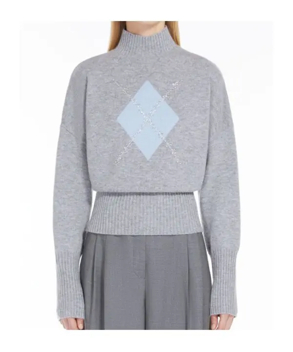 Max Mara High Neck Long Sleeve Jumper With Diamond Inlay - Light Grey