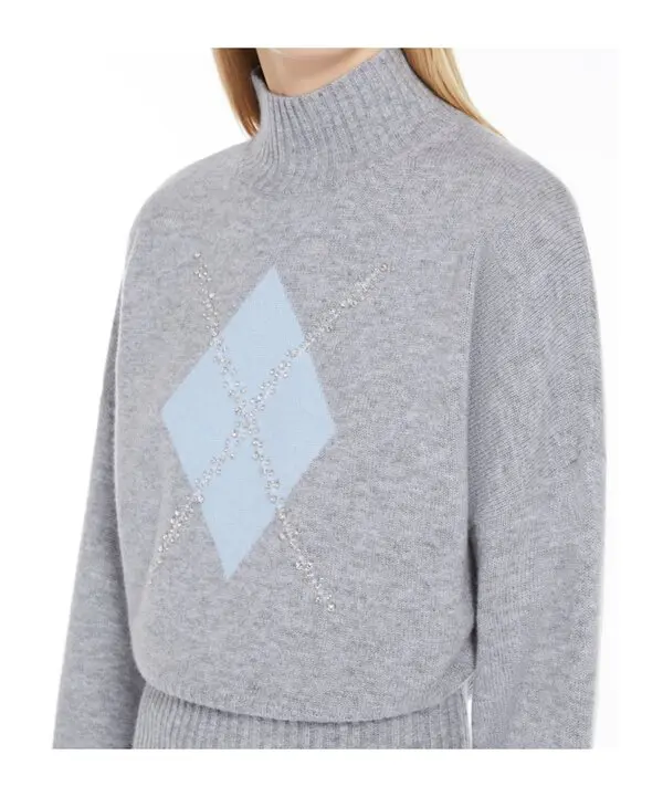 Max Mara High Neck Long Sleeve Jumper With Diamond Inlay - Light Grey
