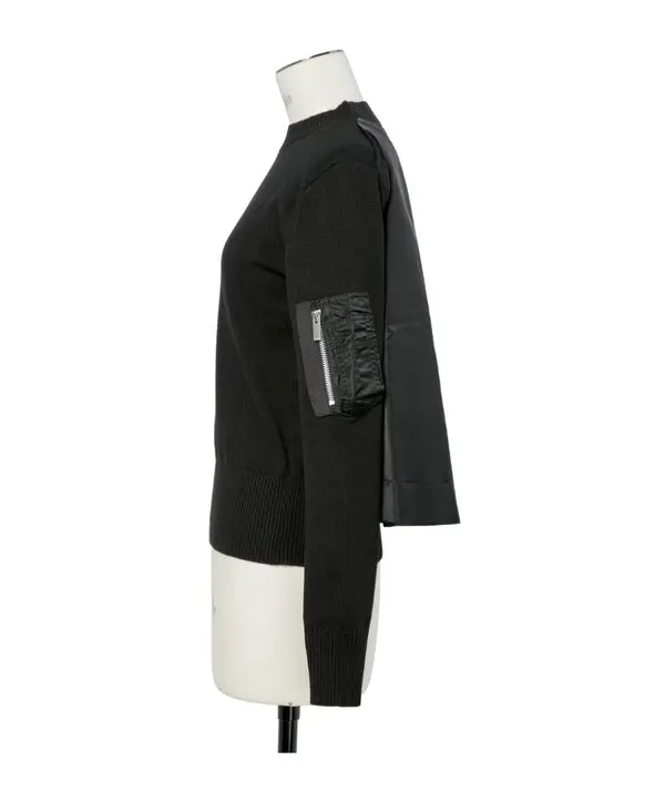Sacai Crew Neck Long Sleeve Jumper With Nylon Patch Detail - Black