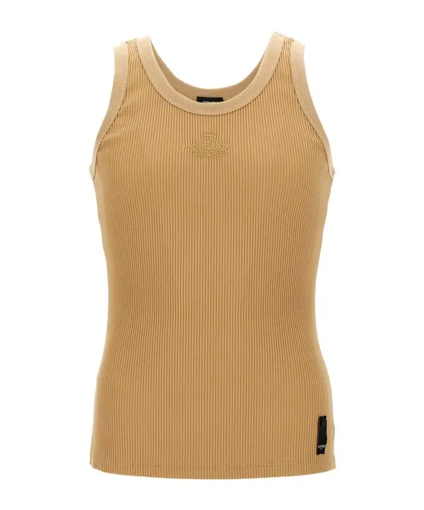 Fendi Logo Embroidered Ribbed Tank Top - Beige
