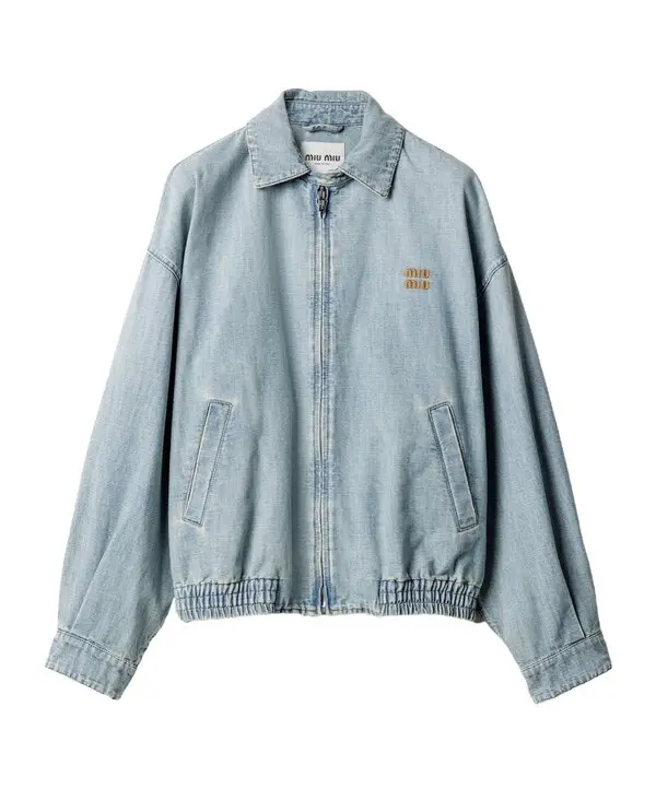 Miu Miu Logo Detailed Denim Zip-up Jacket - Light Blue