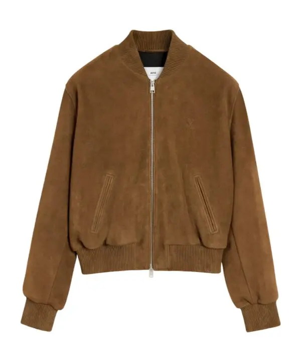 Ami Suede Bomber Jacket With Zip Closure - Brown