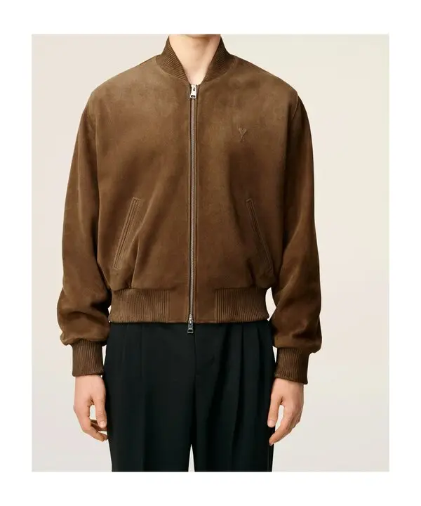 Ami Suede Bomber Jacket With Zip Closure - Brown