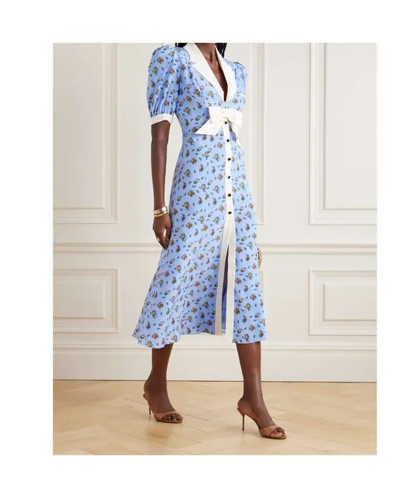 Alessandra Rich Floral Print Short Sleeve Bow Dress