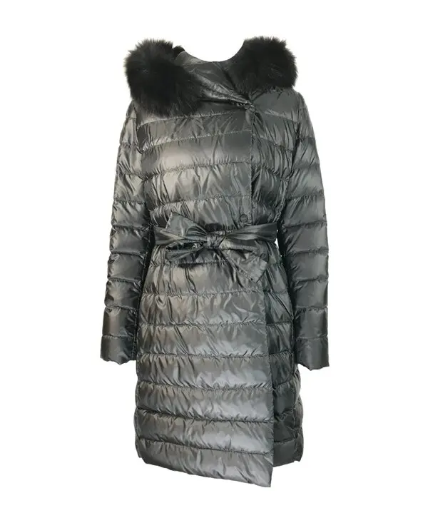 Max Mara Long Hooded Down Jacket With Waist Strap - Gray