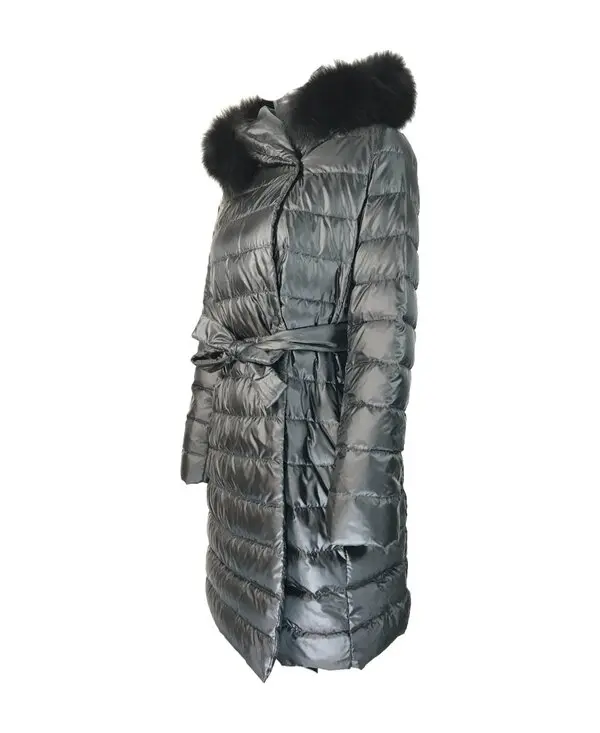 Max Mara Long Hooded Down Jacket With Waist Strap - Gray