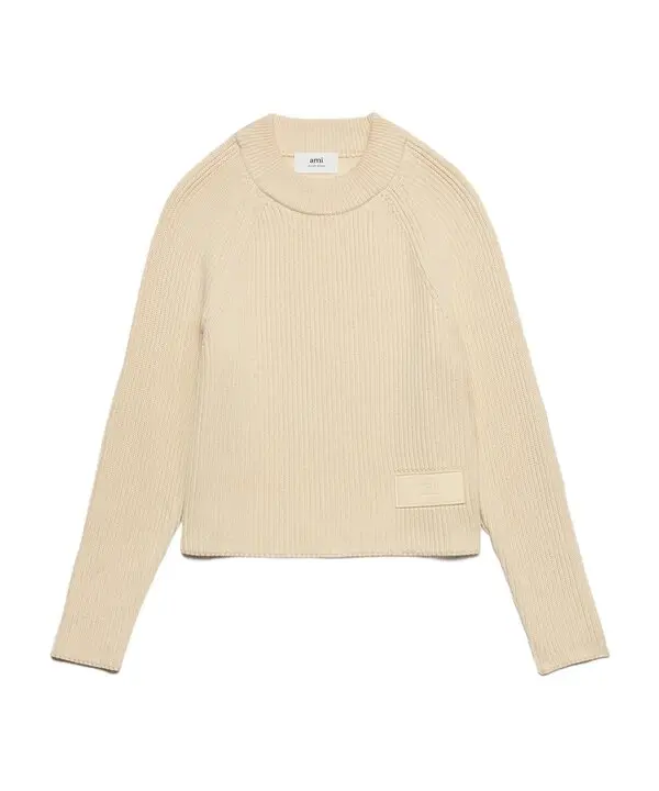 AMI Paris Logo Patch Crewneck Jumper - Light Beige