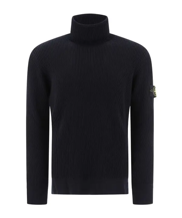 Stone Island Ribbed Roll Neck Jumper With Compass Patch - Blue