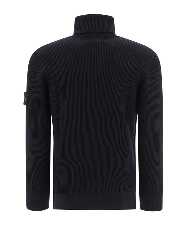 Stone Island Ribbed Roll Neck Jumper With Compass Patch - Blue