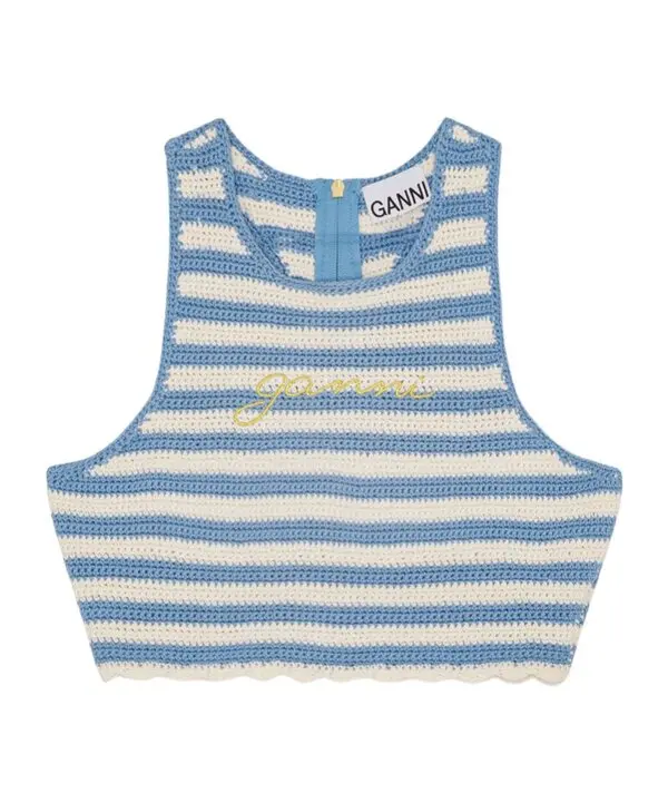 GANNI Crochet Racerback Striped Top - Blue