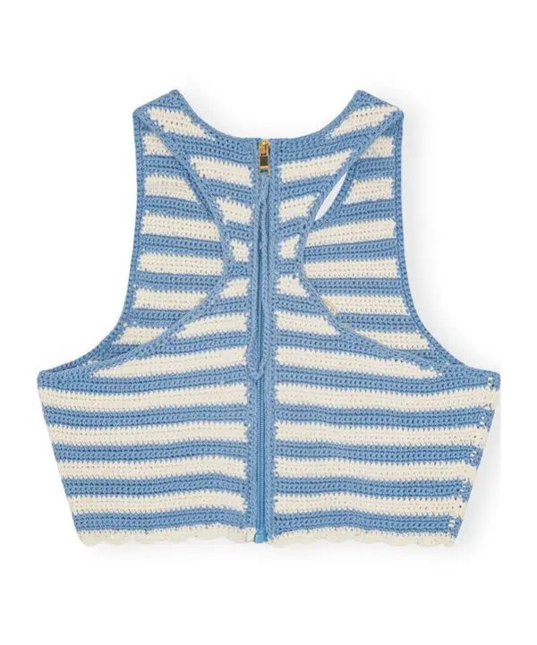 GANNI Crochet Racerback Striped Top - Blue