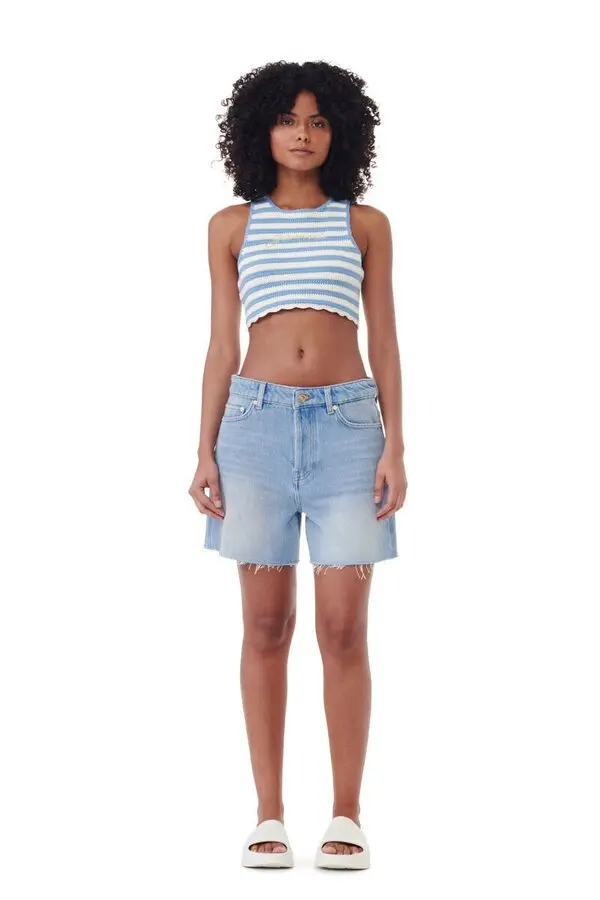 GANNI Crochet Racerback Striped Top - Blue