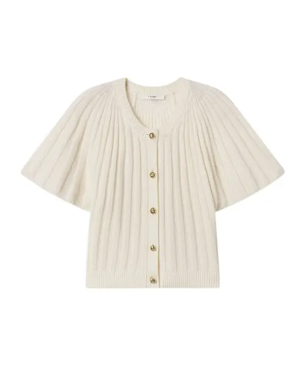 FRAME Ribbed Knit Short Sleeve Cardigan With Gold Buttons
