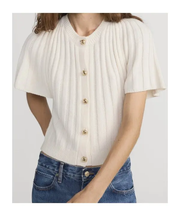 FRAME Ribbed Knit Short Sleeve Cardigan With Gold Buttons