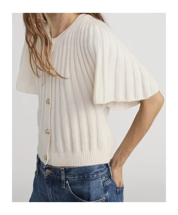 FRAME Ribbed Knit Short Sleeve Cardigan With Gold Buttons