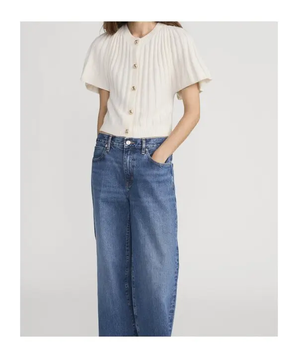 FRAME Ribbed Knit Short Sleeve Cardigan With Gold Buttons