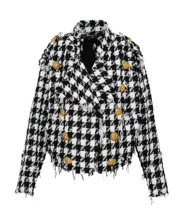 Balmain Houndstooth Frayed Tweed Jacket - Black