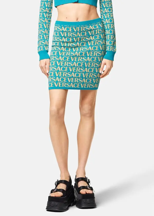 Versace Allover Logo-jacquard Knitted Mini Skirt - Green