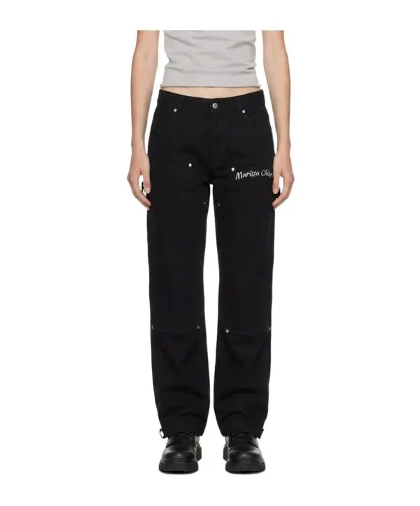 Marissa Chiara Belt Loop Embroidered Logo Casual Pants - Black