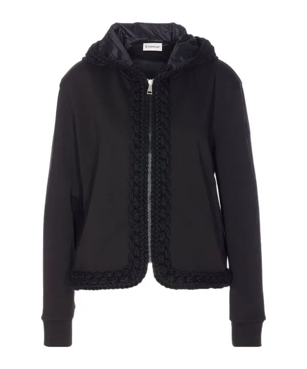 Moncler Zip-up Drawstring Hoodie With Textured Trim - Black