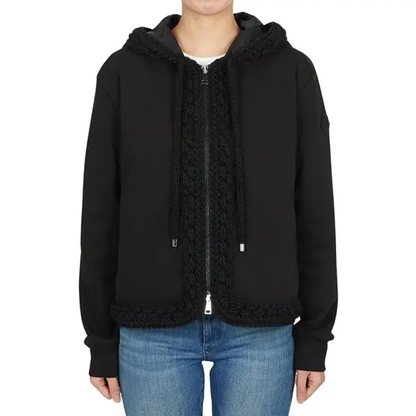 Moncler Zip-up Drawstring Hoodie With Textured Trim - Black