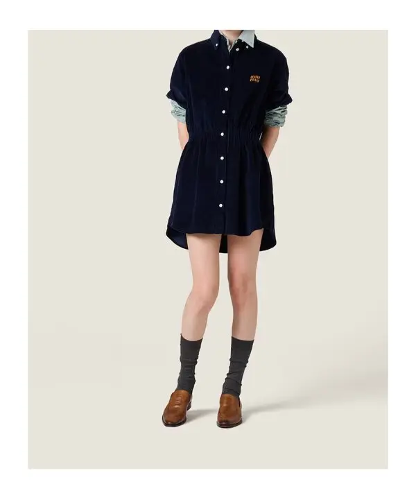 Miu Miu Short-sleeved Corduroy Shirt Dress - Navy Blue