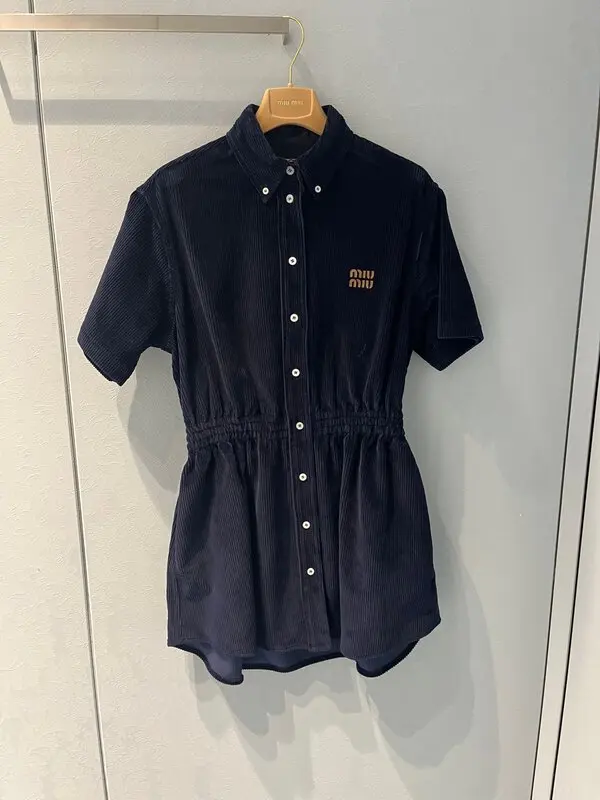 Miu Miu Short-sleeved Corduroy Shirt Dress - Navy Blue
