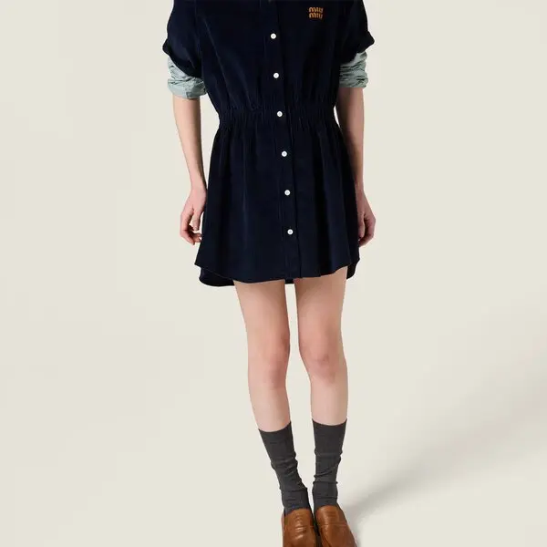 Miu Miu Short-sleeved Corduroy Shirt Dress - Navy Blue