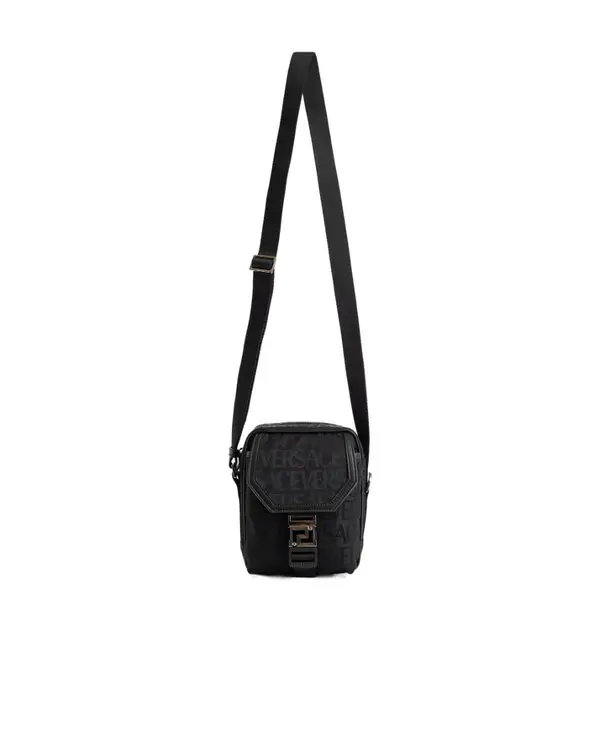 Versace Greca Plaque Foldover Top Messenger Bag - Black