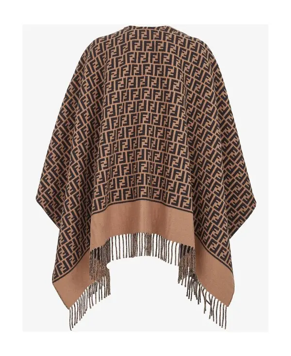 Fendi Ff Jacquard Fringed Poncho - Brown