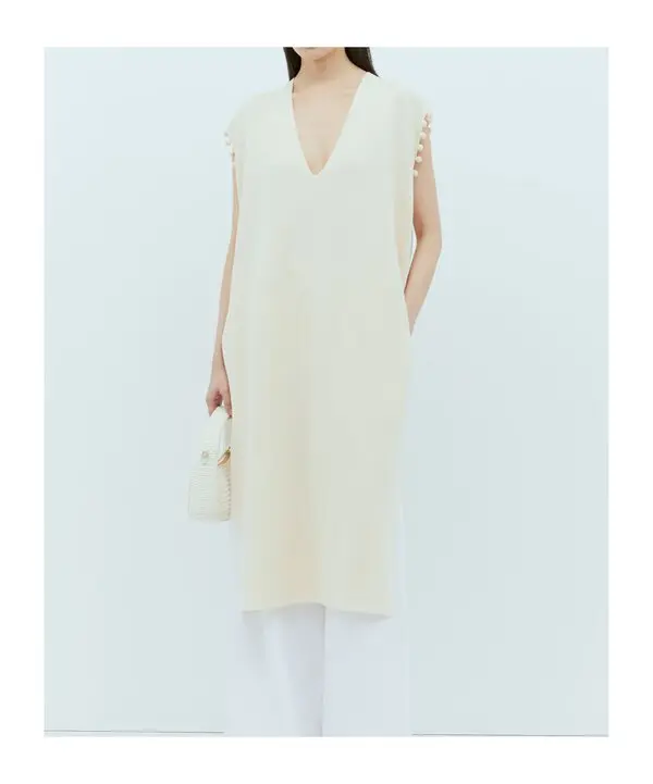 Max Mara Sleeveless V-neck Knitted Dress With Velvet Ball Trim - Nude