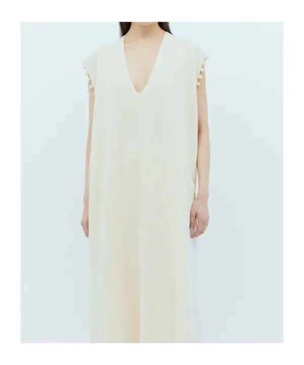 Max Mara Sleeveless V-neck Knitted Dress With Velvet Ball Trim - Nude