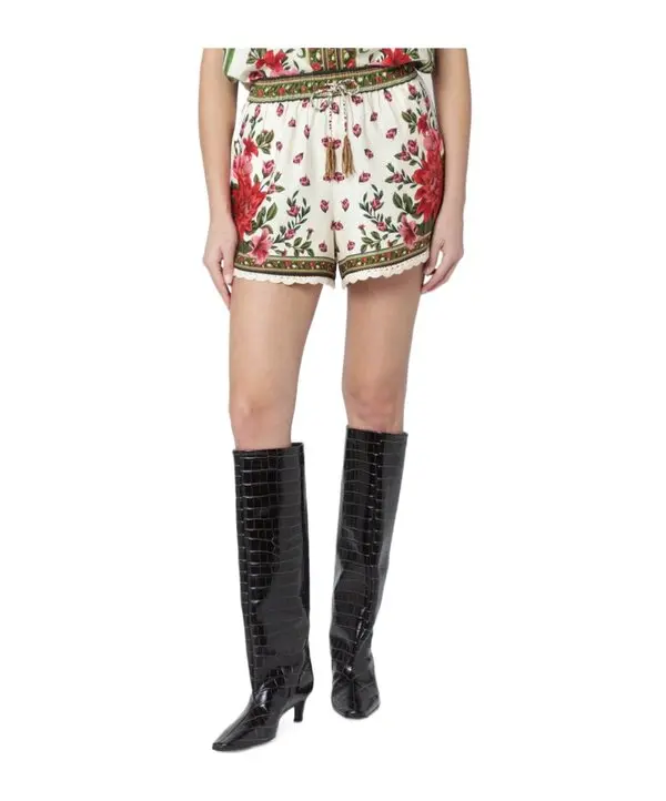 Farm Rio Scallop Hem Floral Print Linen-blend Shorts