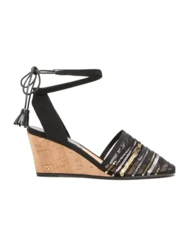 Valentino Garavani 75mm La Cruisette Sequin Wedge Sandals - Black