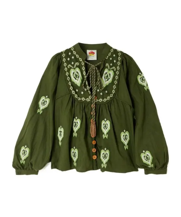 Farm Rio Embroidered Tassel Shirt - Green