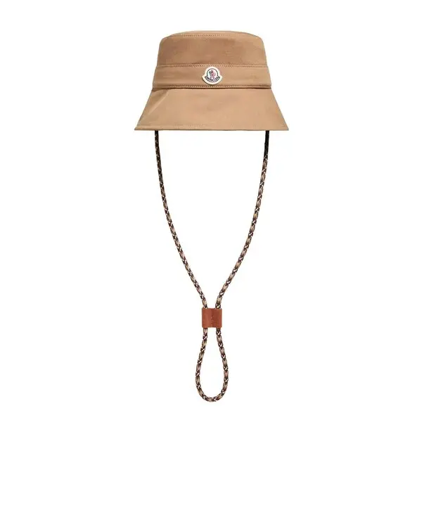 Moncler Logo Patch Drawstring Bucket Hat - Camel