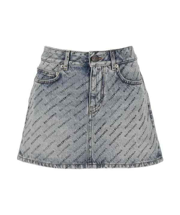 Balenciaga Allover Logo Printed Denim Mini Skirt