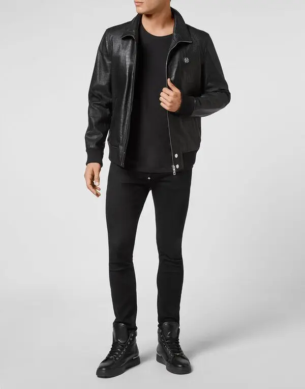 Philipp Plein Crocodile-effect Leather Bomber Jacket - Black