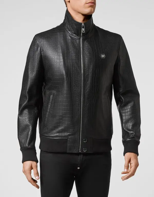 Philipp Plein Crocodile-effect Leather Bomber Jacket - Black